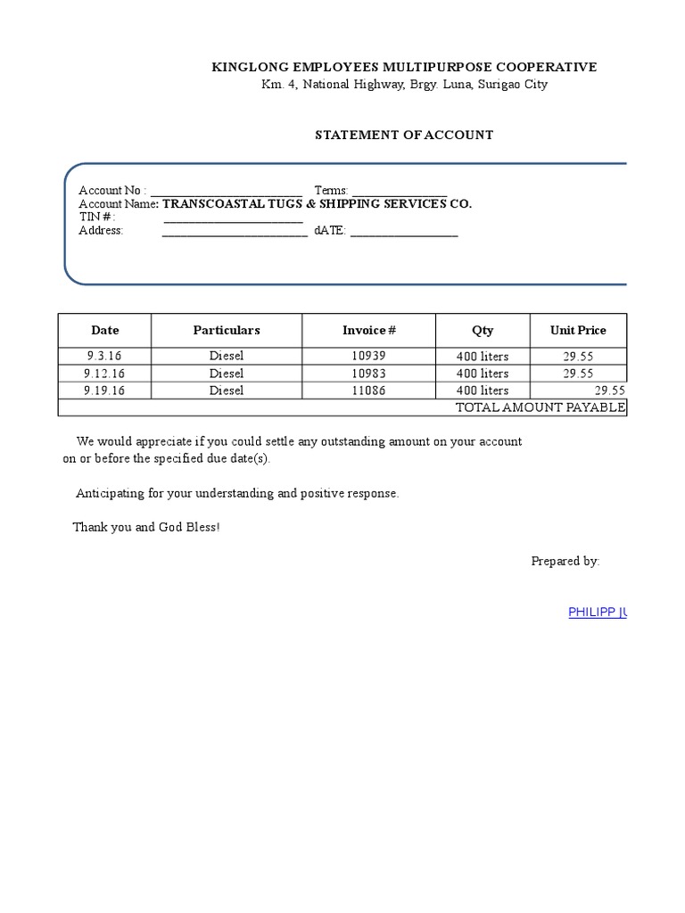 KINGLONG Cooperative Statement of Account | PDF | Finance & Money ...