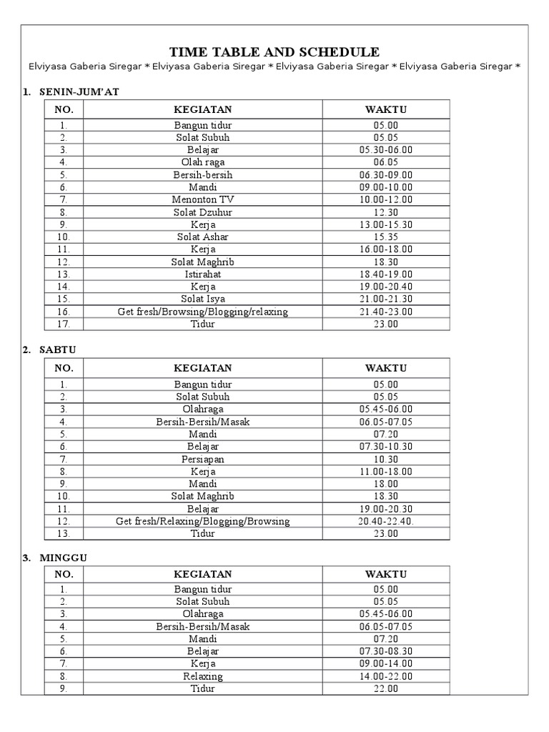Time Table and Schedule: 1. Senin-Jum'At NO. Kegiatan Waktu | PDF ...