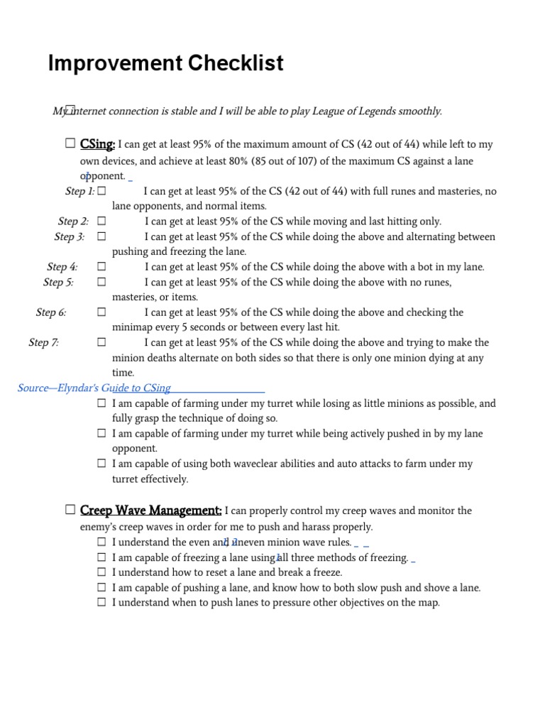 Improvement Checklist: Csing
