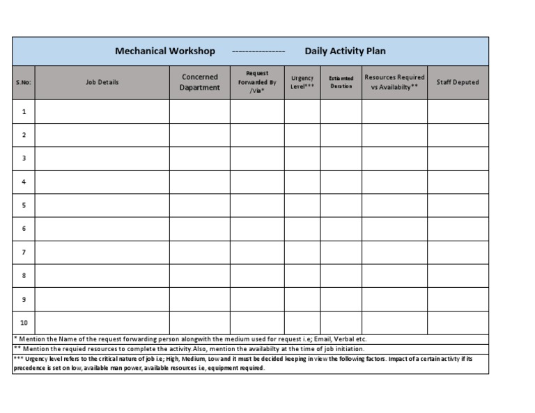 Mechanical Workshop - Daily Activity Plan | PDF