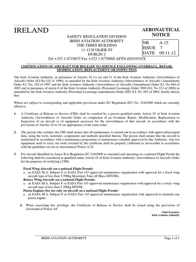 Certification of Aircraft For Release To Service | PDF | Aircraft ...