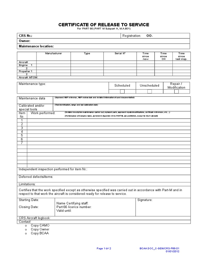 Certificate of Release To Service: CRS NR.: OO-Owner: Maintenance ...