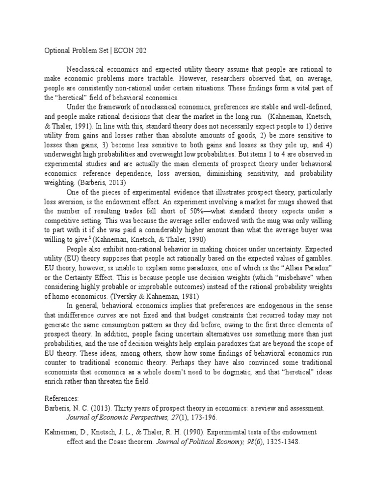 ECON 202 Optional Problem Set | PDF | Behavioral Economics | Economics
