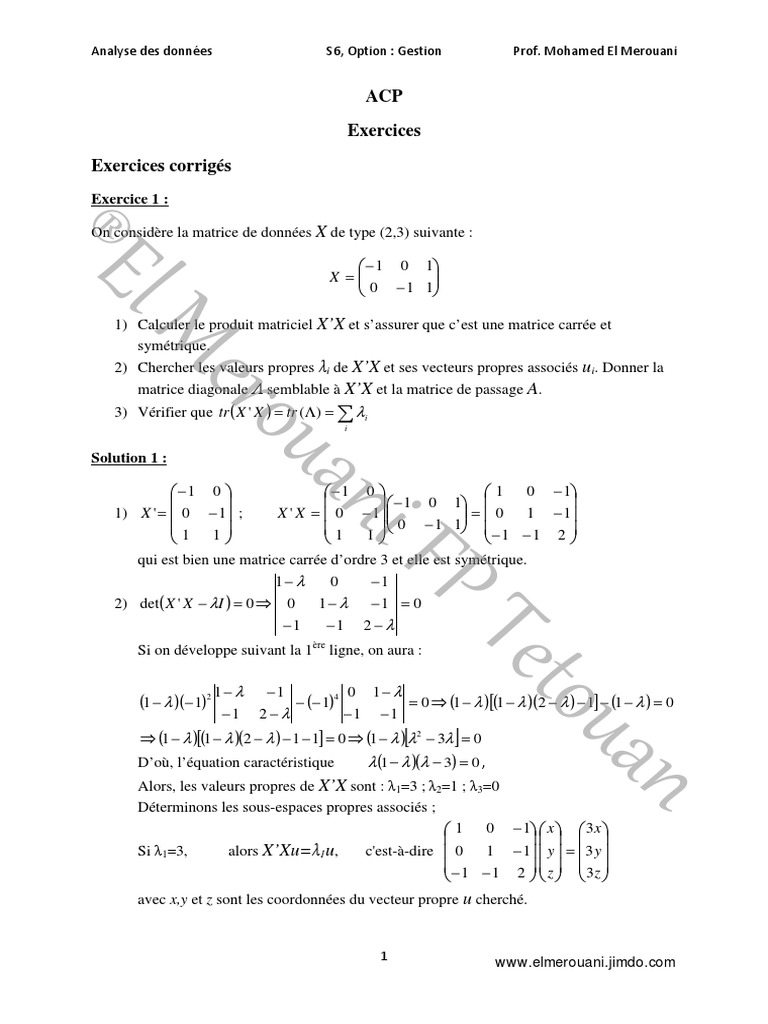 ACP+exercices.pdf | Matrice (Mathématiques) | Valeur propre, vecteur propre et espace propre