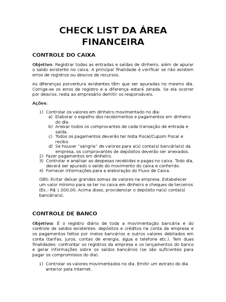 Check List Da Área Financeira | PDF | Dinheiro | Dinheiro