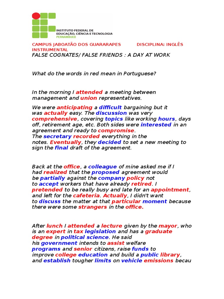 Ifjg False Cognates - A Day at Work | PDF | Science | Ciência (geral)