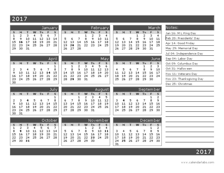 2017 12 Month Calendar Template One Page | PDF