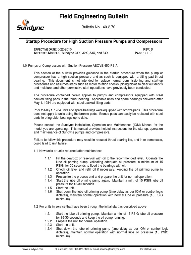 Sundyne Pump Startup Procedure For High Suction Pressure Pumps and Compressors | Download Free ...