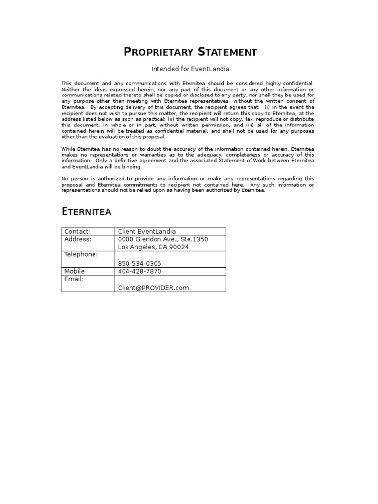EventLandia Proprietary Statement for PROVIDER | PDF | Quality ...