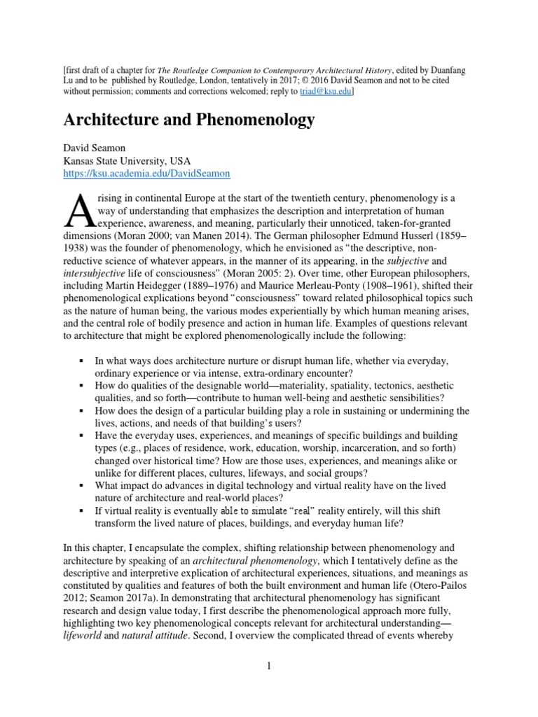 SEAMON, David. Architecture and Phenomenology | PDF | Phenomenology ...