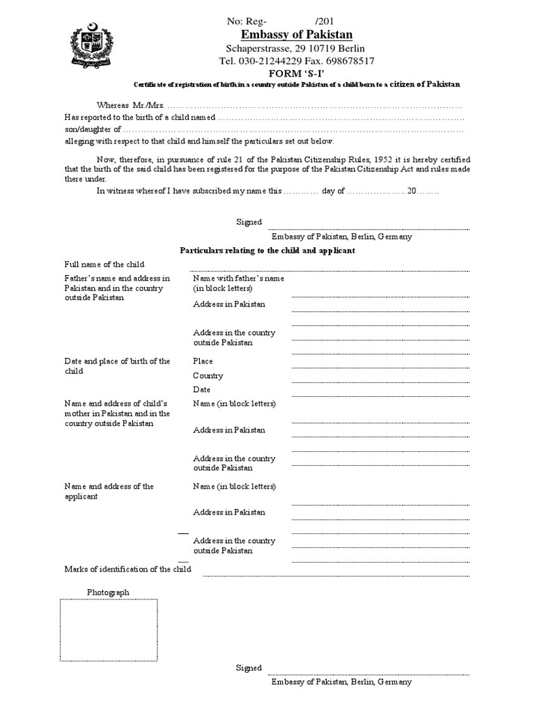 Embassy of Pakistan: Form S-I' | PDF