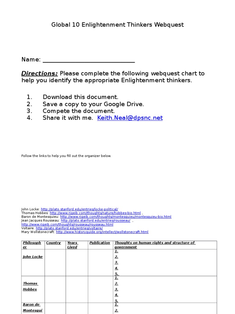 Enlightenment Thinkers Chart