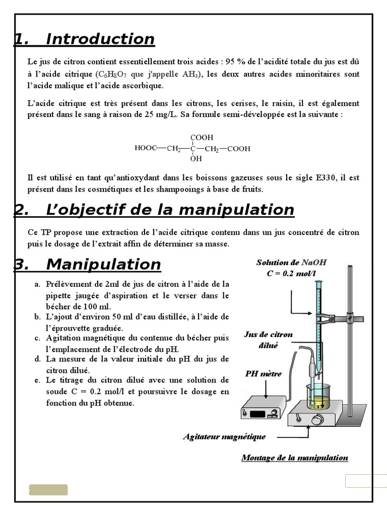 Determination de La Mase D'acide Citrique D'un Citron | PDF | Titrage ...