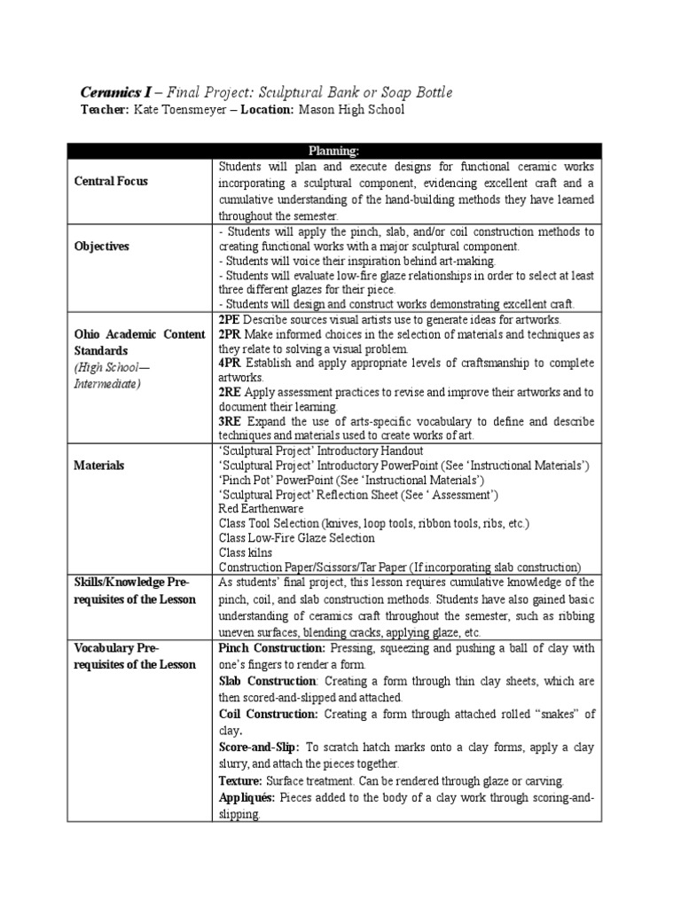 Ceramics I - Final Project Lesson Plan | PDF | Educational Assessment ...