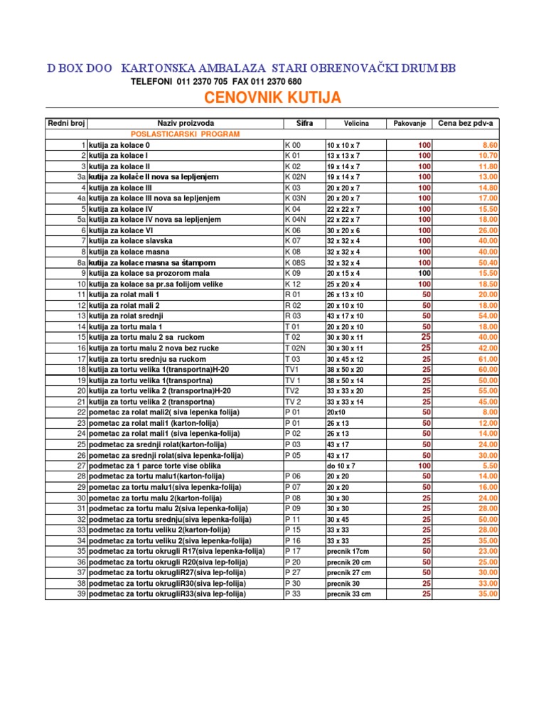 Cenovnik Poslasticarnice | PDF
