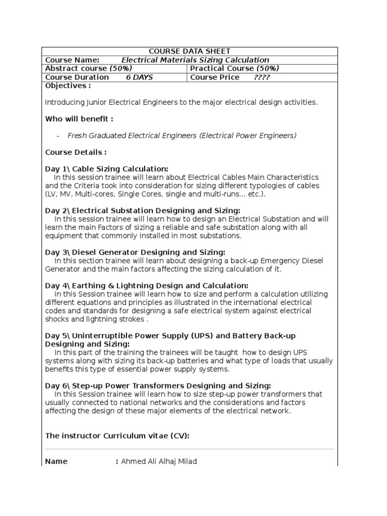 Electrical Materials Sizing Calculation | PDF | Electrical Substation ...