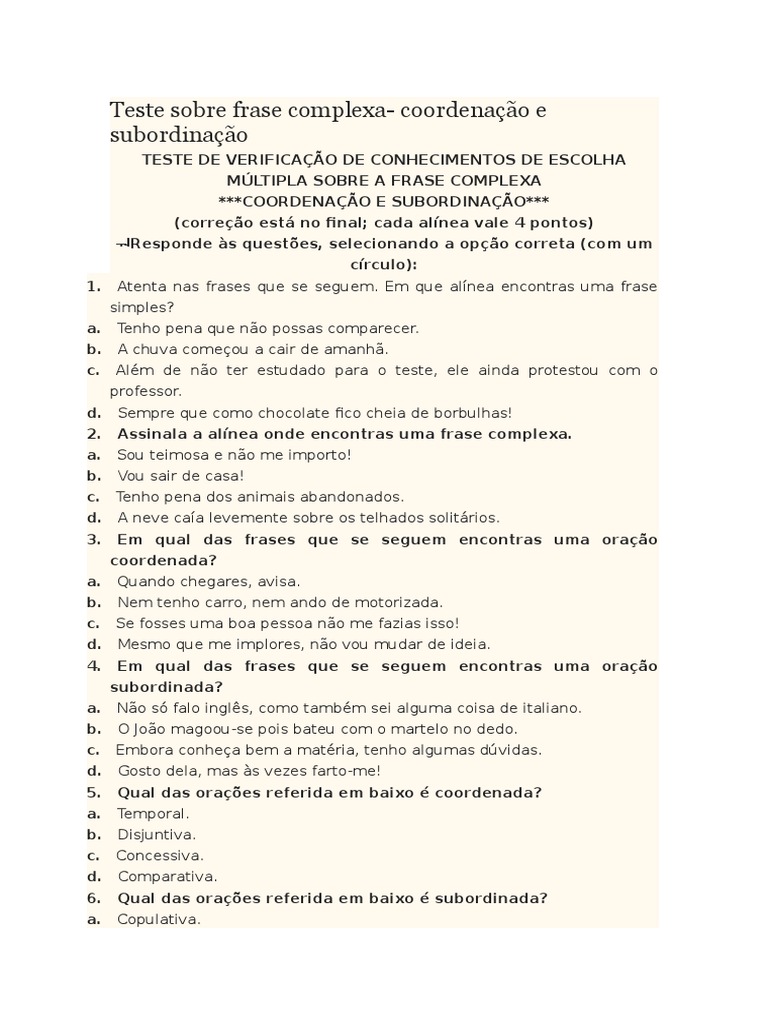 Frase complexa coordenação subordinação | PDF | Assunto (gramática ...