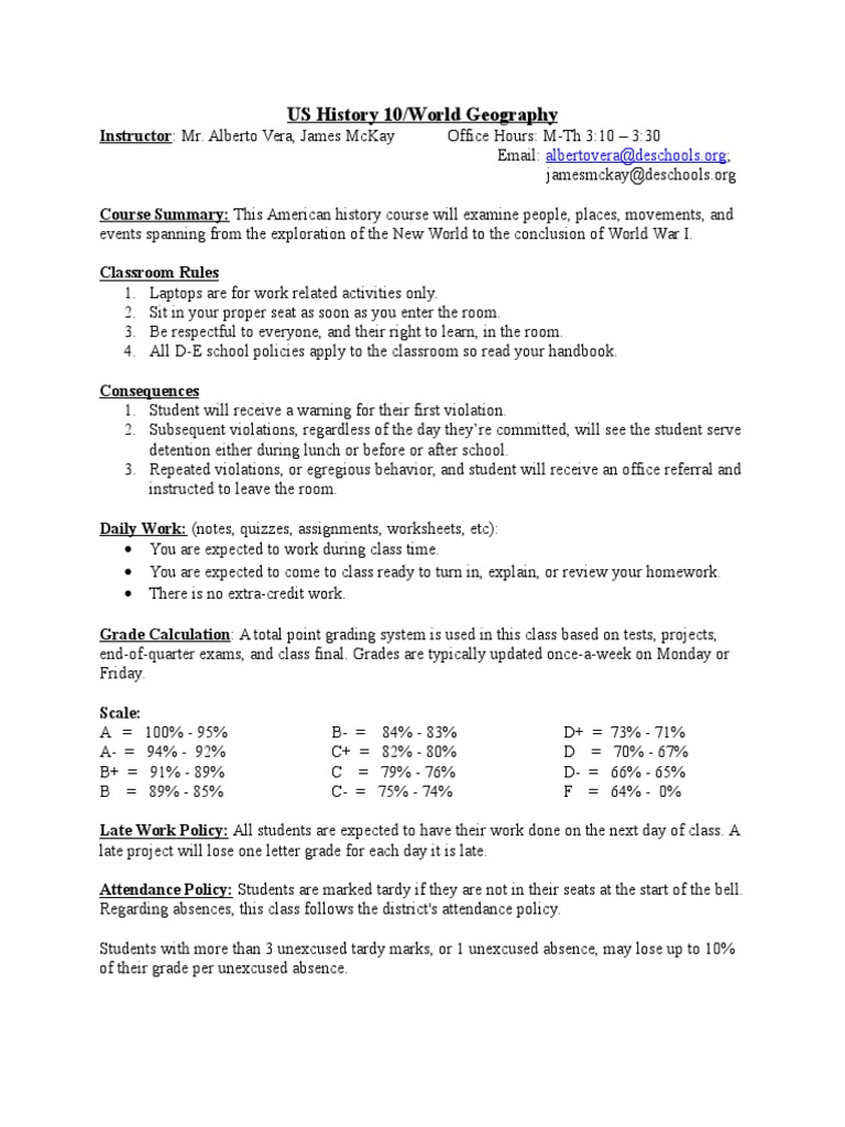 US History 10 Course Overview & Policies | PDF
