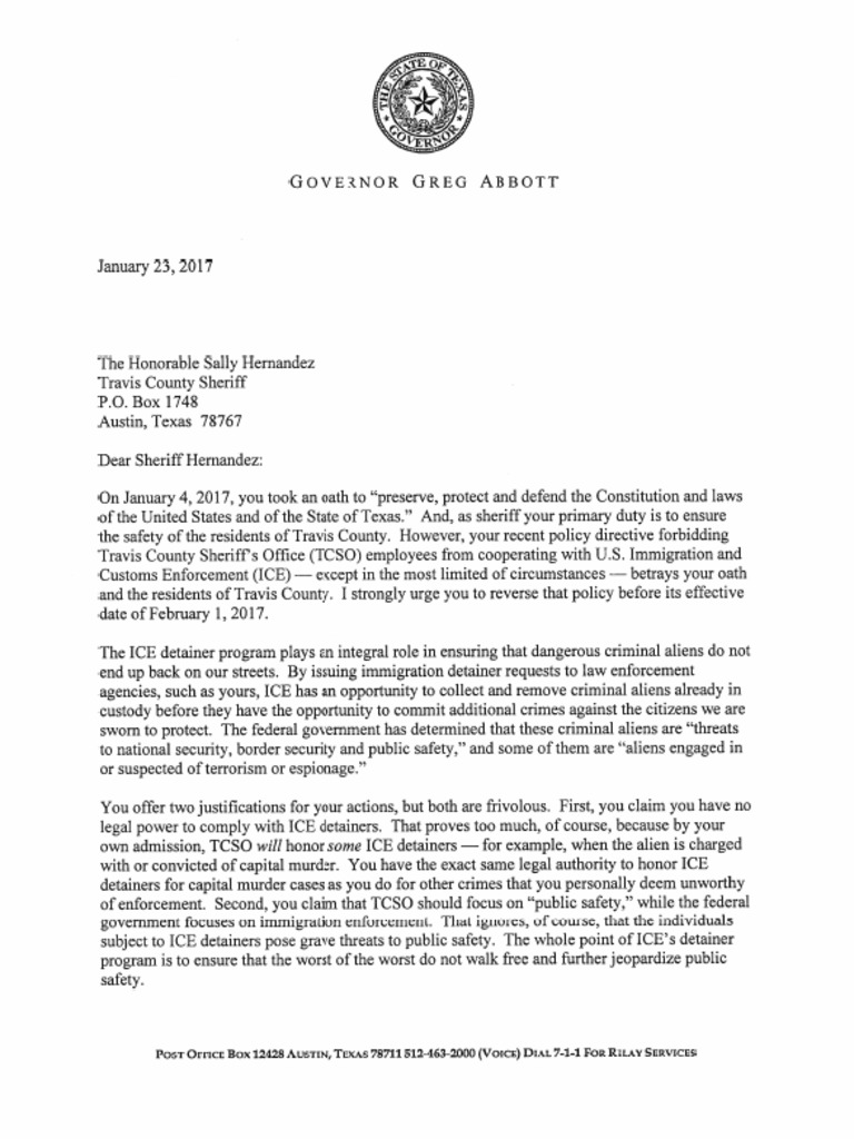 Governor Greg Abbott's Letter to Sheriff Sally Hernandez Over Sanctuary ...