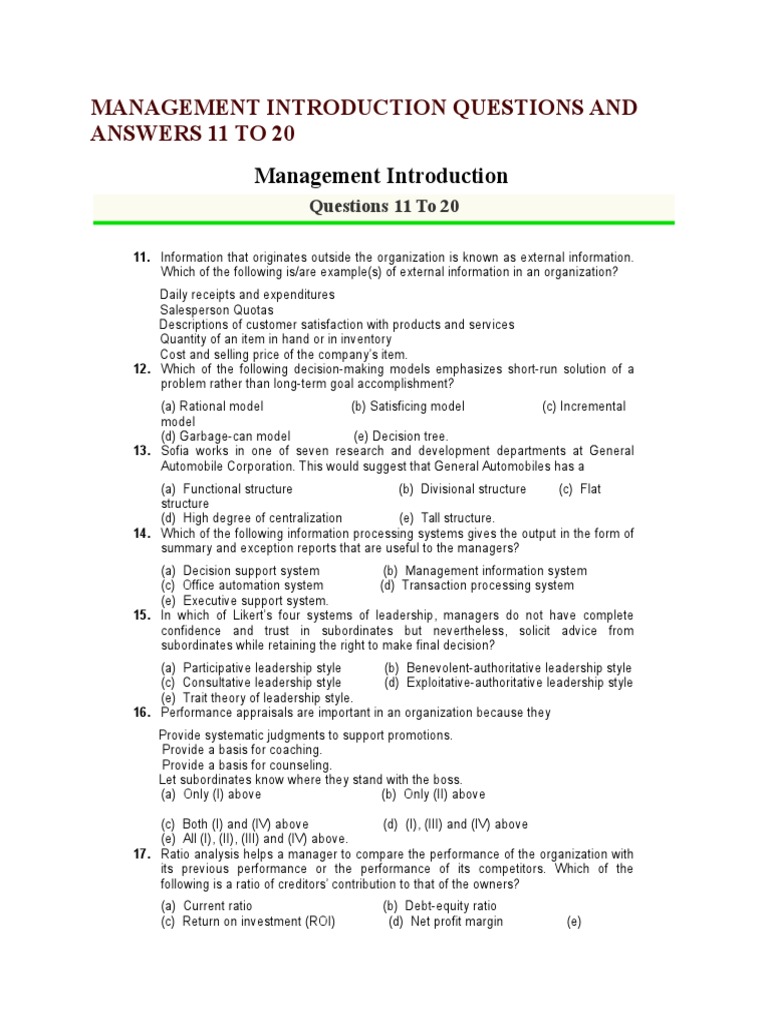 Management Questions 11-20 Overview | PDF | Leadership | Inventory