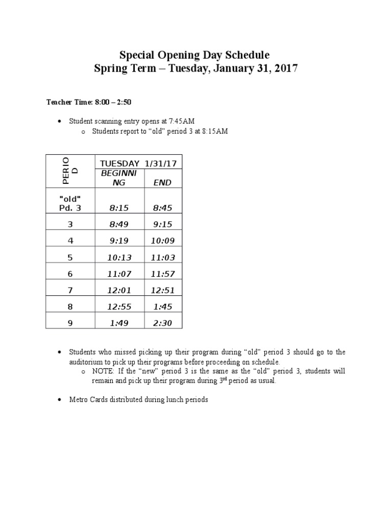 Special Opening Day Schedule | PDF