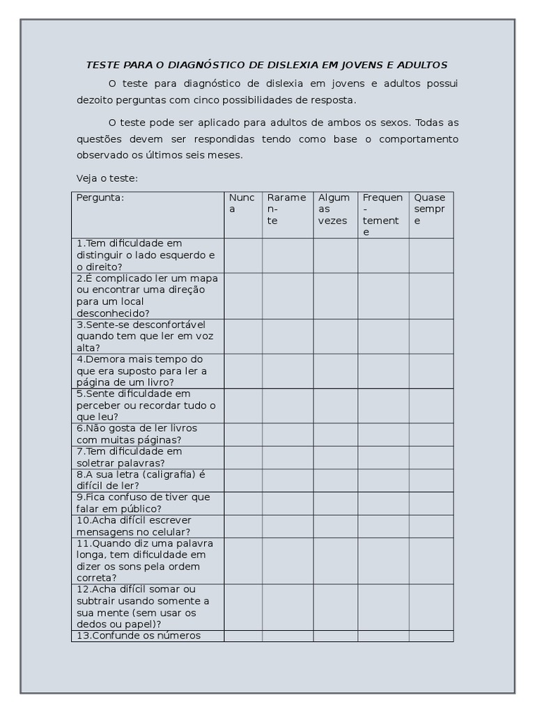 Teste para o Diagnóstico de Dislexia em Jovens e Adultos | PDF