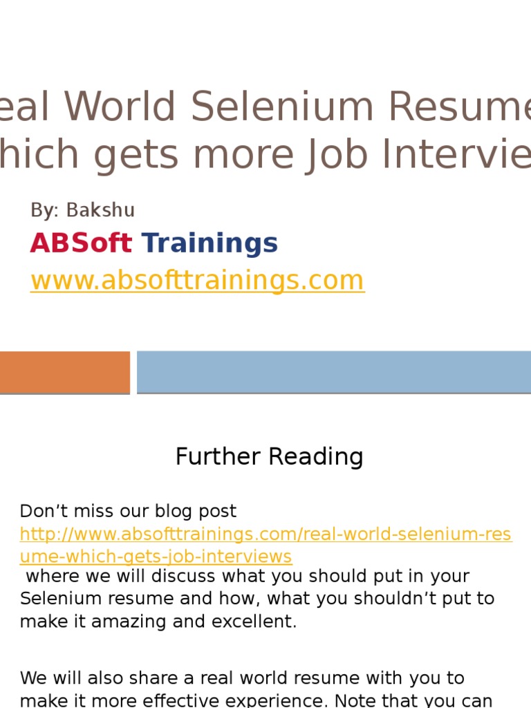 Trainings: Real World Selenium Resume Which Gets More Job Interviews ...