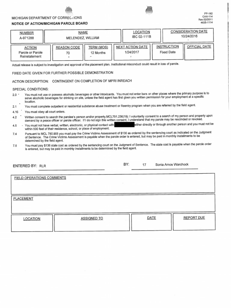 William Melendez MDOC Docs | PDF | Parole | Criminal Record