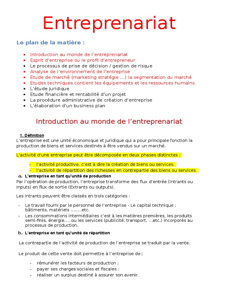 Entreprenariat Cours Prof Distribution Affaires Business