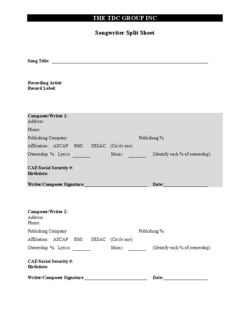 TDC - Songwriter Split Sheet BLANK | PDF