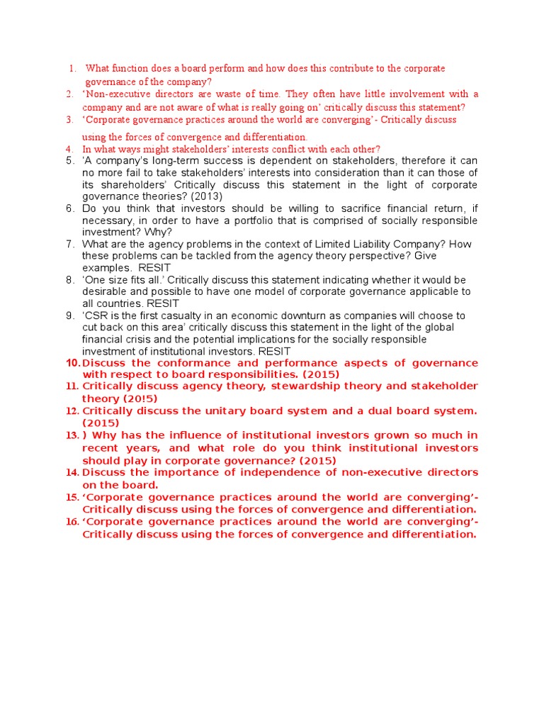 Corporate Governance All Exam Papers QS | PDF | Corporate Governance ...