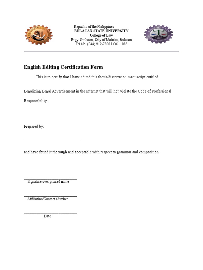 English Editing Certification Form | PDF