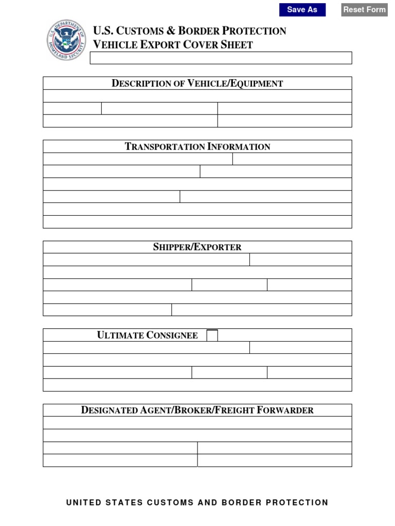 Vehicle Export Cover Sheet