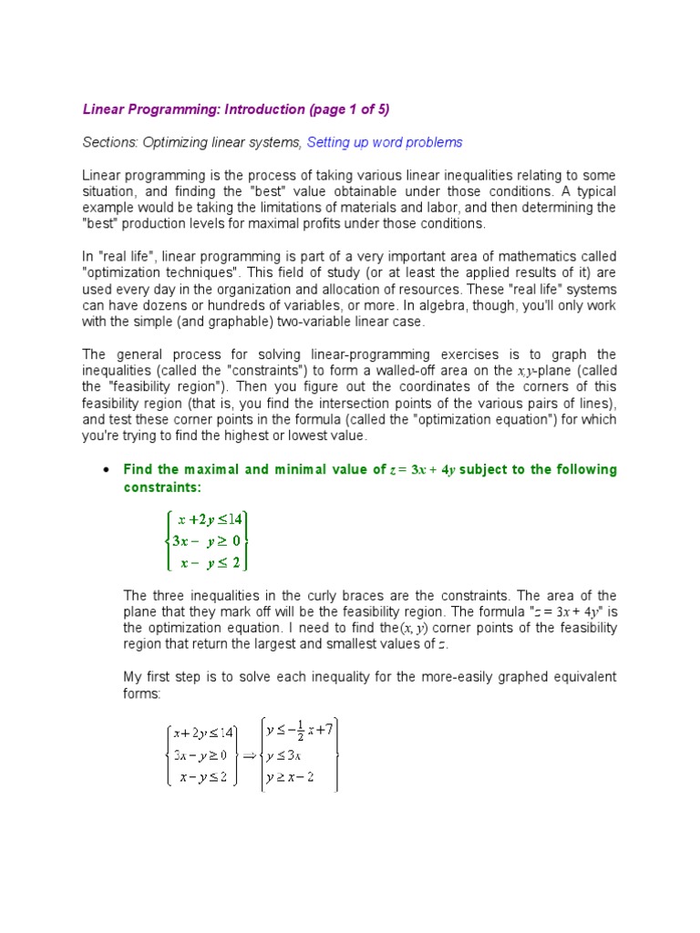 Linear Programming Problems Linear Programming Mathematical Optimization