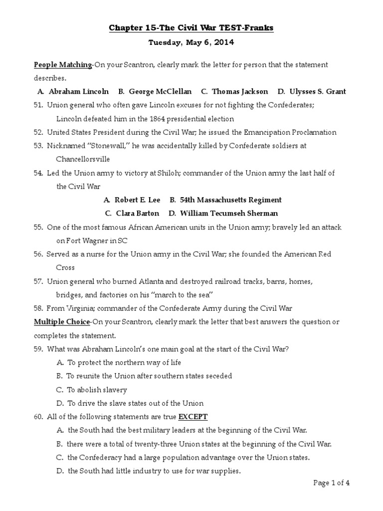 Civil War Test Questions and Answers | PDF | Union Army | American ...