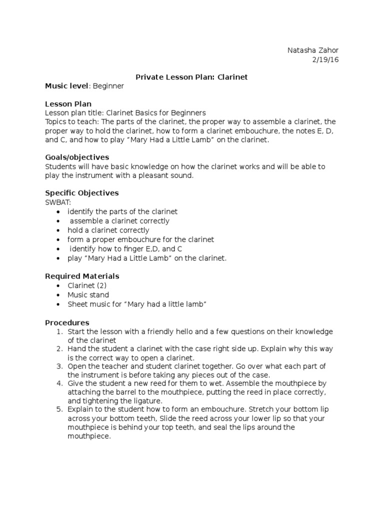 Clarinet Lesson Plan | Download Free PDF | Clarinet | Musical Instruments
