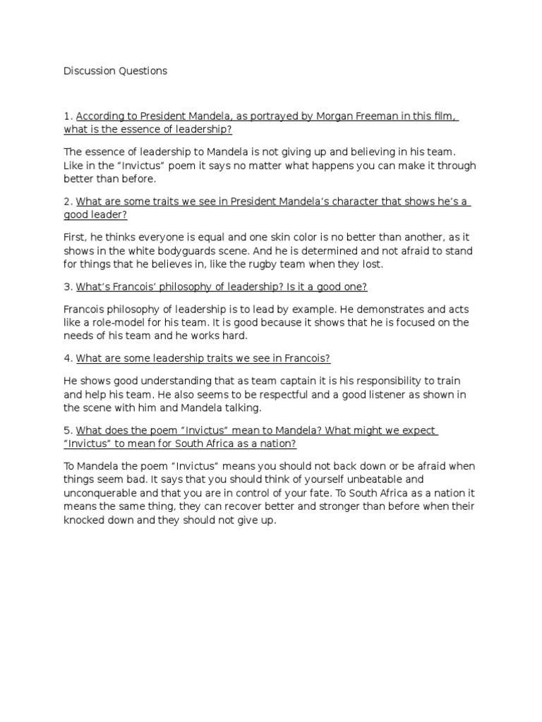 Invictus Discussion Questions and Answers | PDF