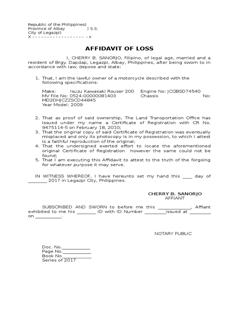 Affidavit of Loss Motorcycle | PDF