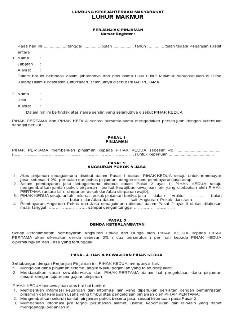 Contoh Perjanjian Simpan Pinjam 2 | PDF | Pengelolaan Keuangan & Uang | Hukum