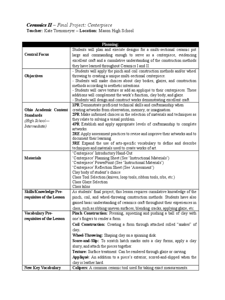 Mason High - Ceramics 2 - Centerpiece Lesson Plan | PDF | Pottery ...