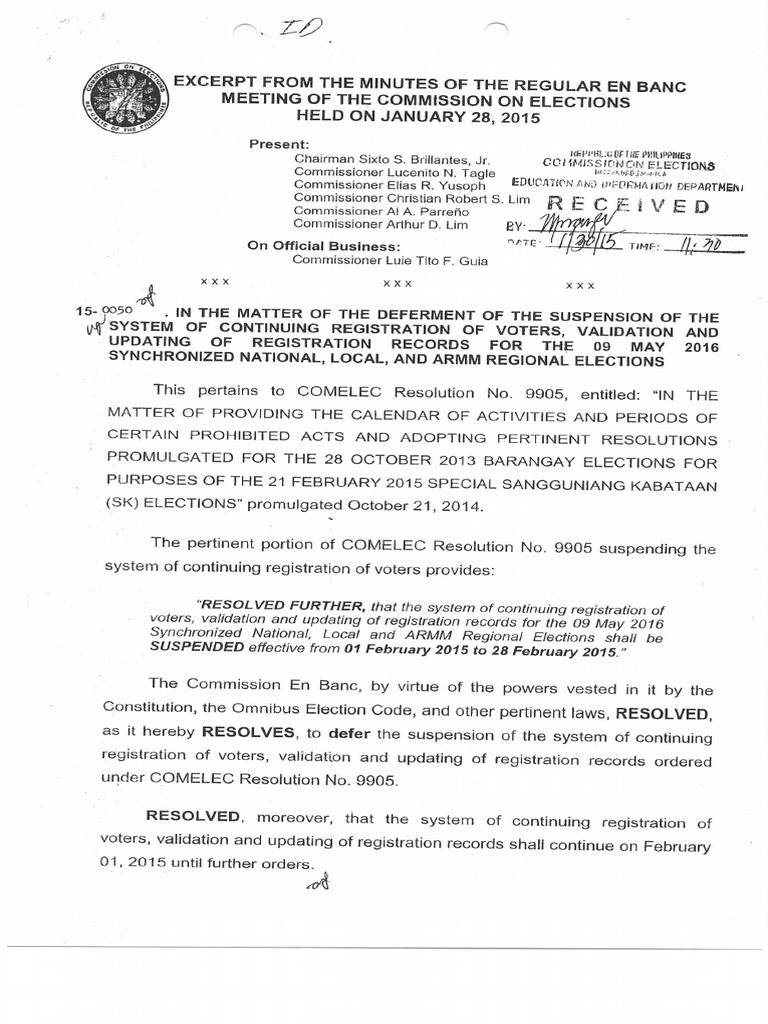 Registration (COMELEC Minute Resolution No. 15-0050) | PDF | Voting ...