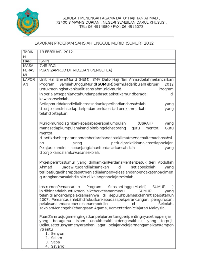 Laporan Program Sahsiah Unggul Murid | PDF