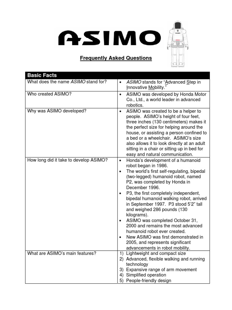 Asimo Technical Faq | PDF | Walking | Robot