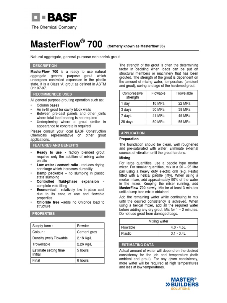 Basf Masterflow 700 Tds | PDF | Concrete | Building Materials