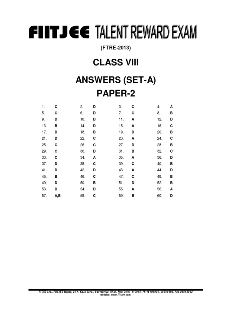 Ftre 2013 Class 8 Answersset A+b+c Paper 2 | PDF