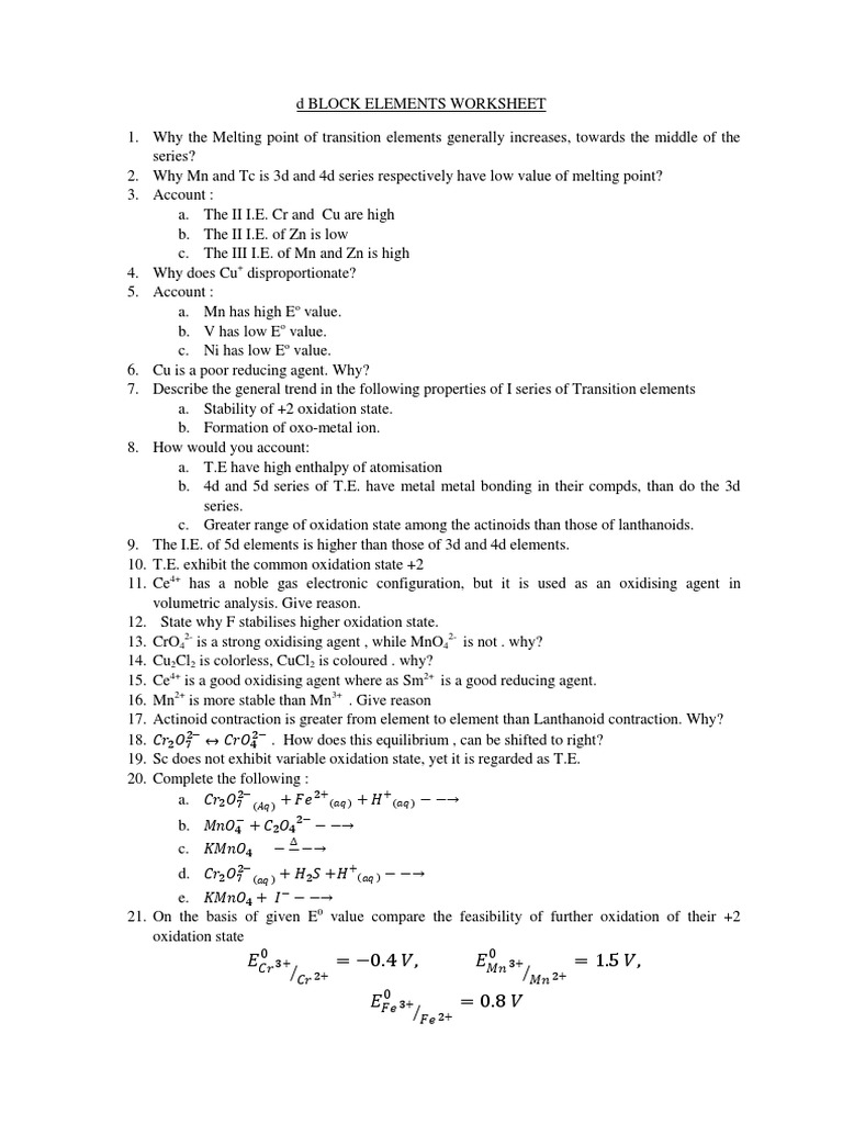 D Block Elements Worksheet | PDF | Valence (Chemistry) | Transition Metals