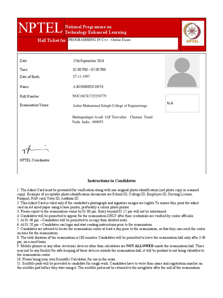 Nptel: National Programme On Technology Enhanced Learning Hall Ticket ...