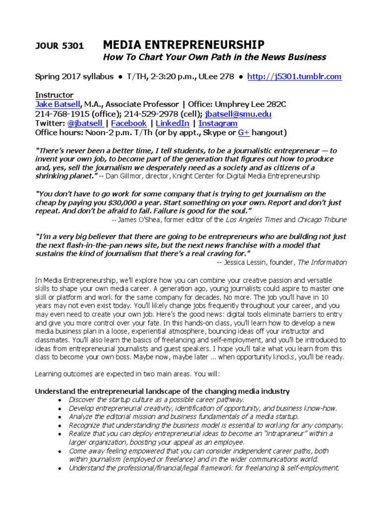 Media Entrepreneurship Syllabus | PDF | Entrepreneurship | Journalism