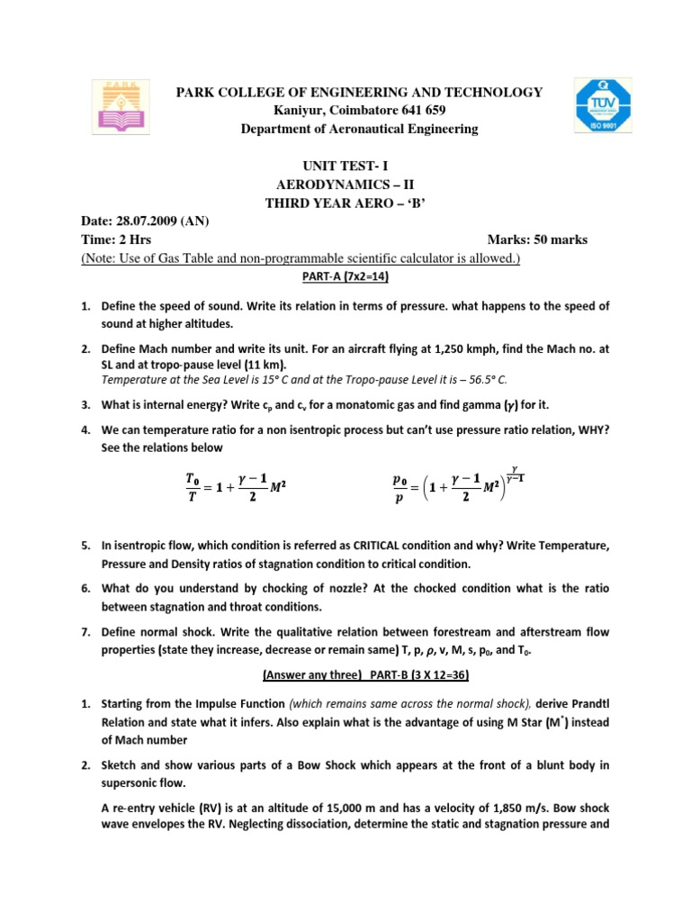 Aerodynamics II Unit Test for Aero-B Students | PDF | Mach Number ...