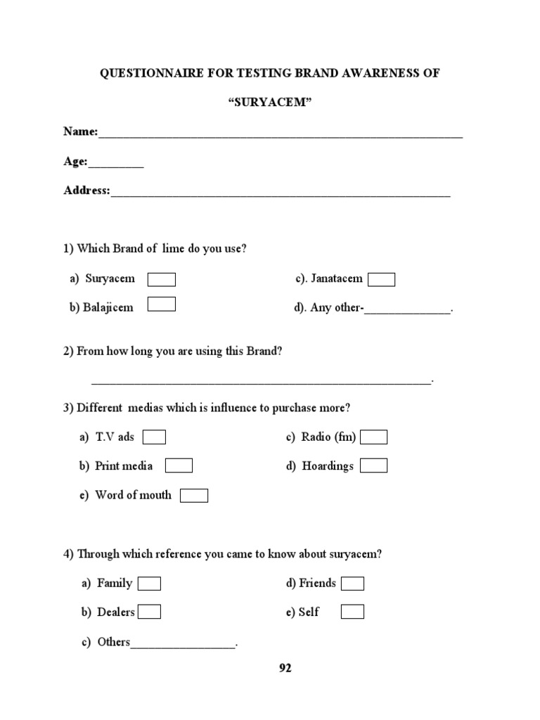 Questionnaire For Testing Brand Awareness of | PDF | Business | Brand